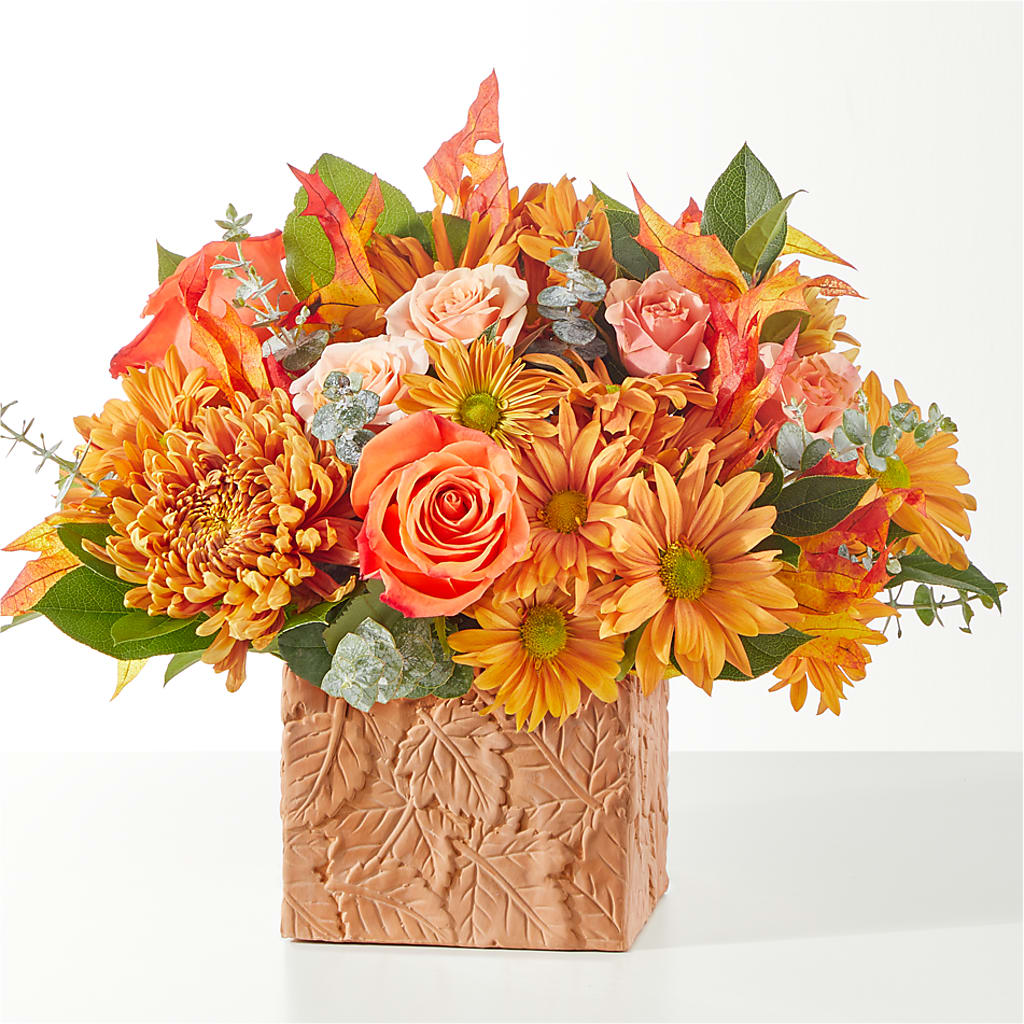 Scenic Route Bouquet – bronze, orange, peach flower arrangement ...