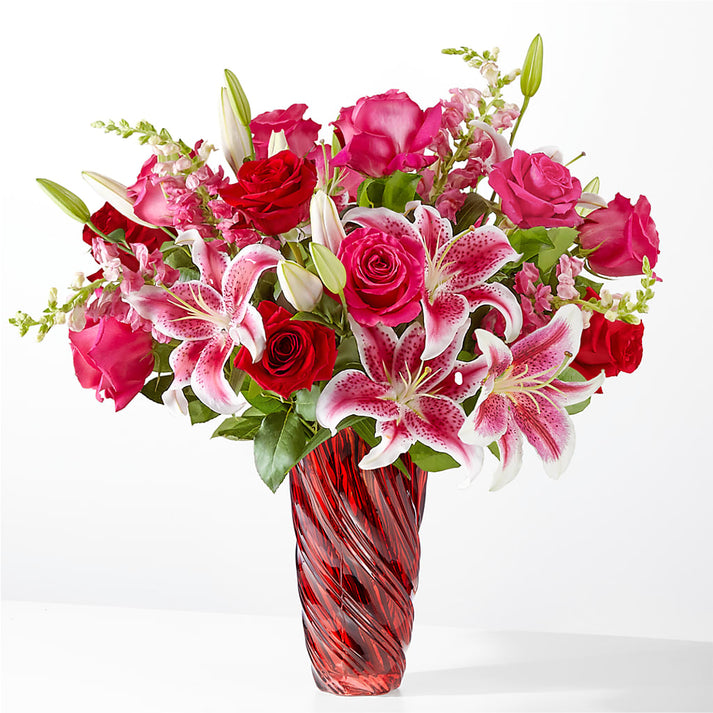 Always You Bouquet with Red Swirl Vase–Flowers by Bauer's & Greenhouse