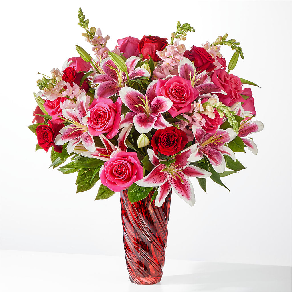 Always You Bouquet with Red Swirl Vase–Flowers by Bauer's & Greenhouse