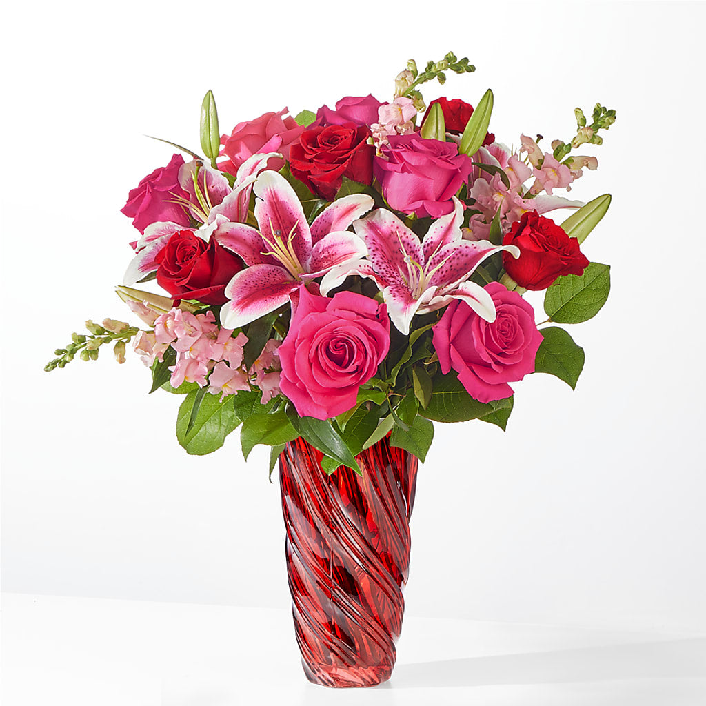 Always You Bouquet with Red Swirl Vase–Flowers by Bauer's & Greenhouse